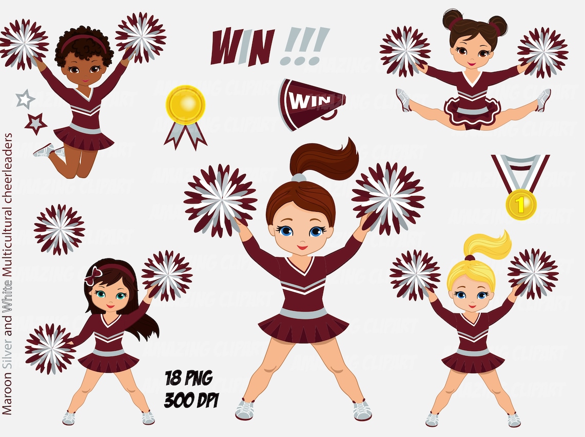 Maroon Silver White Multicultural Cheerleader Clipart Sport - Etsy
