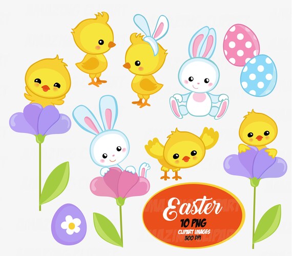 Easter Clipart Easter Bunny and Chicks Clipart. | Etsy