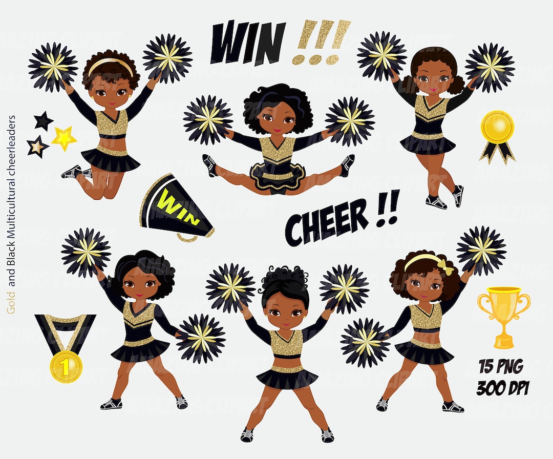Golden Black Cheerleader Clipart, Pom Pom Sport, Black Cheerleader PNG ...