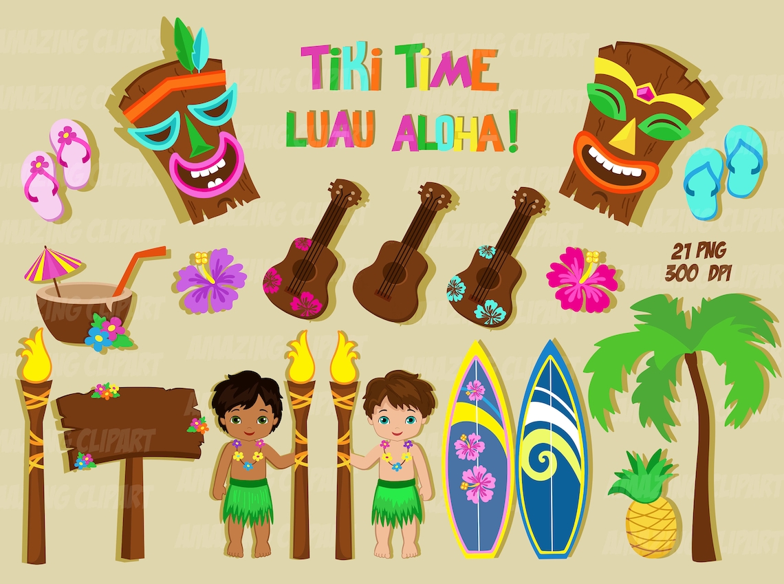 Luau Party Digital Clipart Hawaiian Tiki Time Aloha Clipart | Etsy
