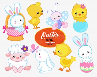 Easter Clipart Easter Bunny and Chicks Clipart. | Etsy