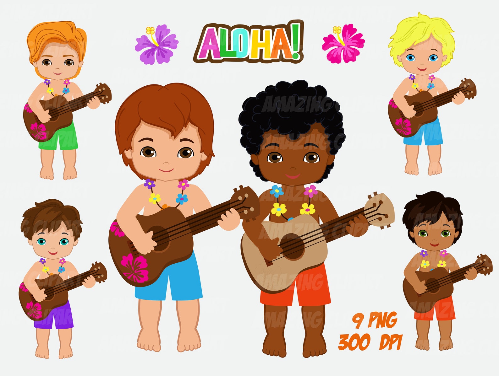 Luau Party Digital Clipart, Aloha Clipart, Hawaiian Guitarists, Ukulele ...