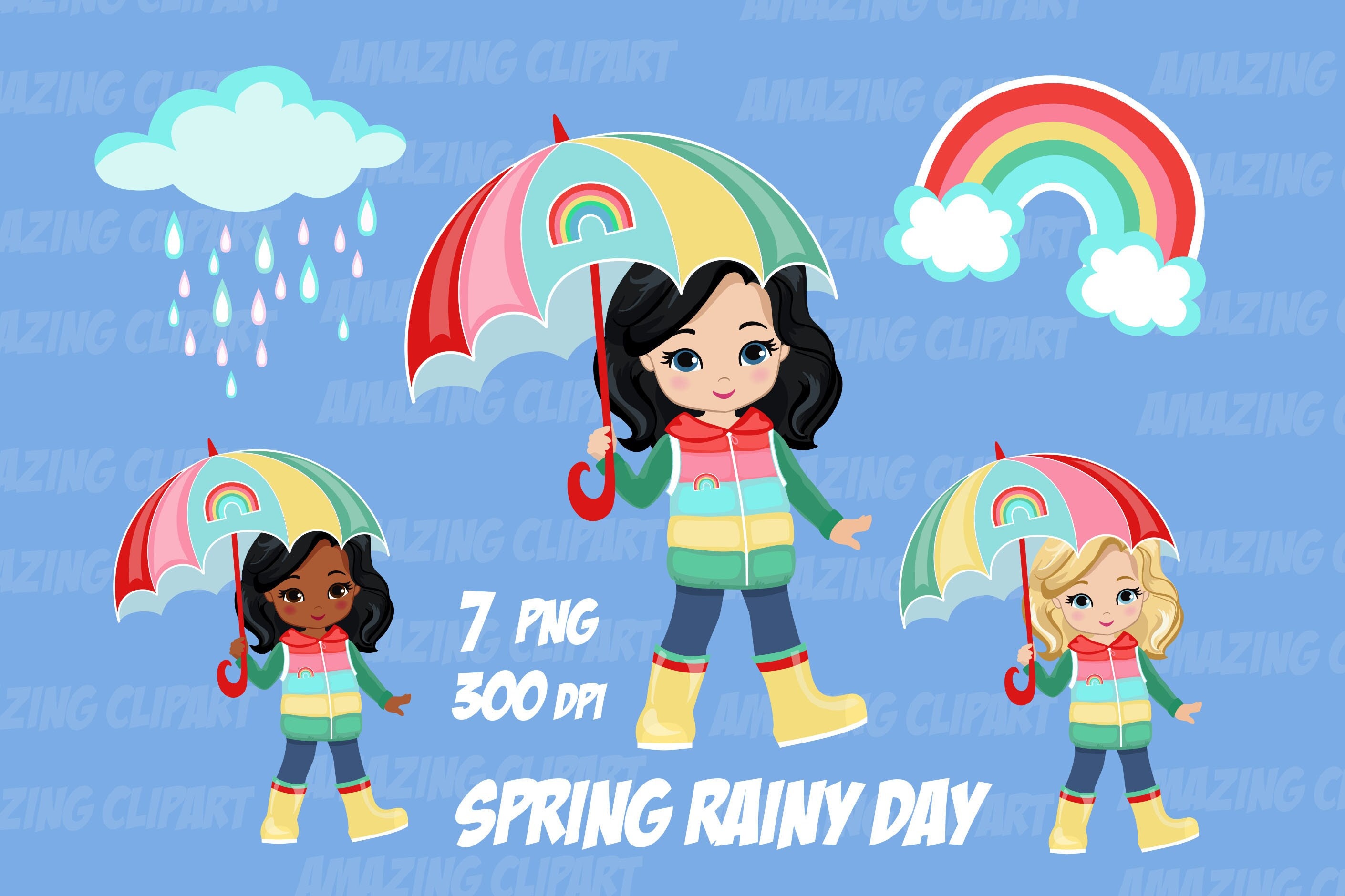 Rainy Day Girls Clipart Cute Girls Rainbow Fashion Girls - Etsy