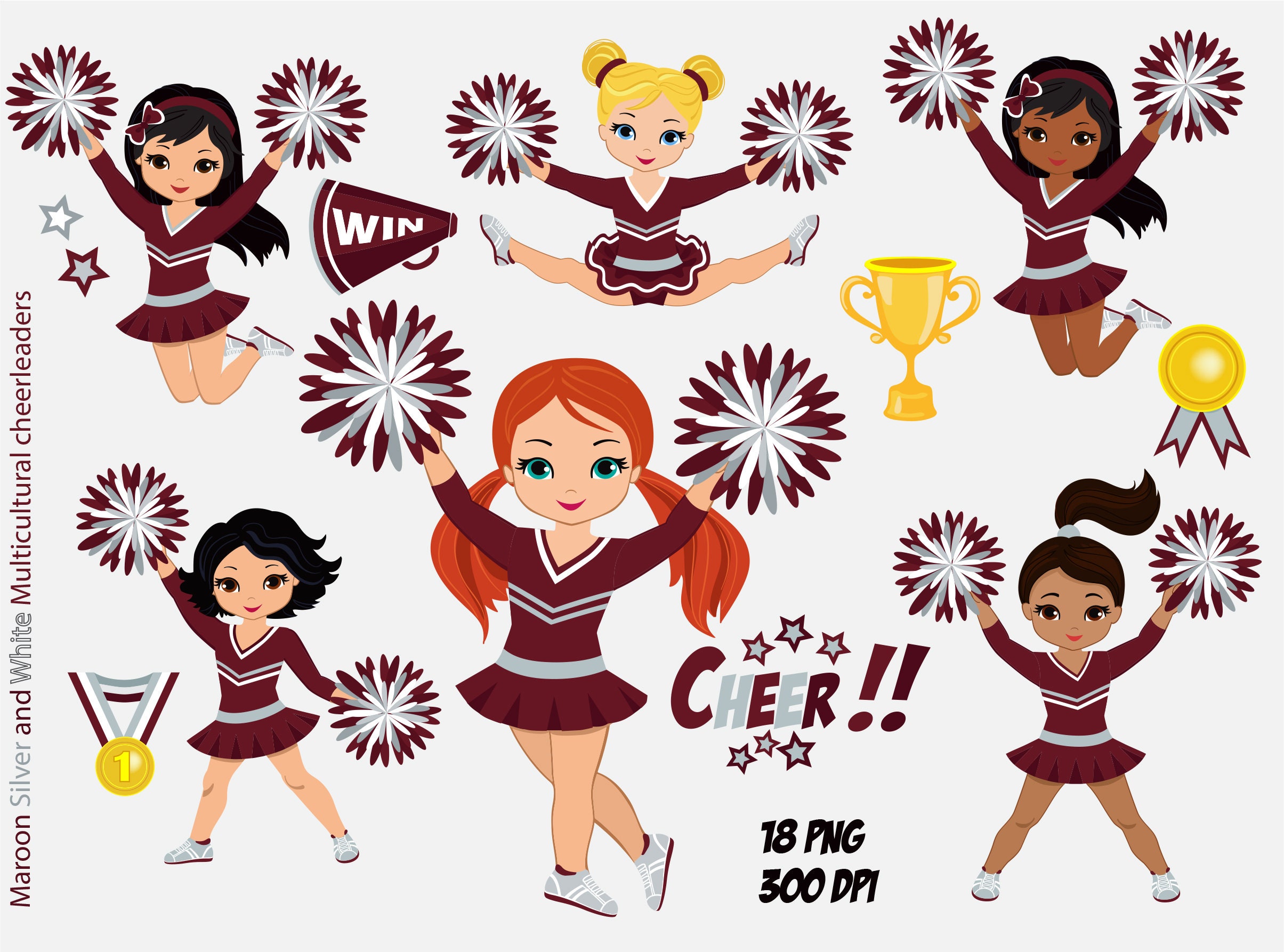 Maroon Silver White Multicultural Cheerleader Clipart Sport - Etsy
