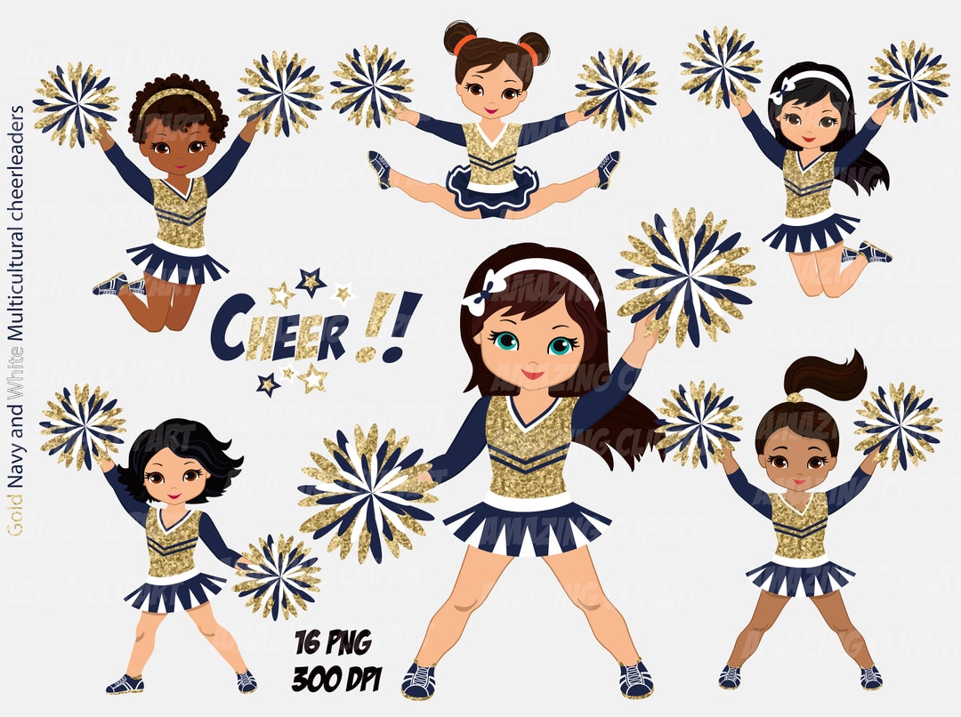 Gold Navy and White Multicultural Team Cheerleader Clipart, Pom Pom ...