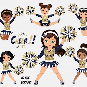 Gold Navy and White Multicultural Team Cheerleader Clipart, Pom Pom ...