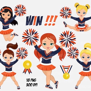 Orange Navy and White Multicultural Team Cheerleader Clipart, Pom Pom ...