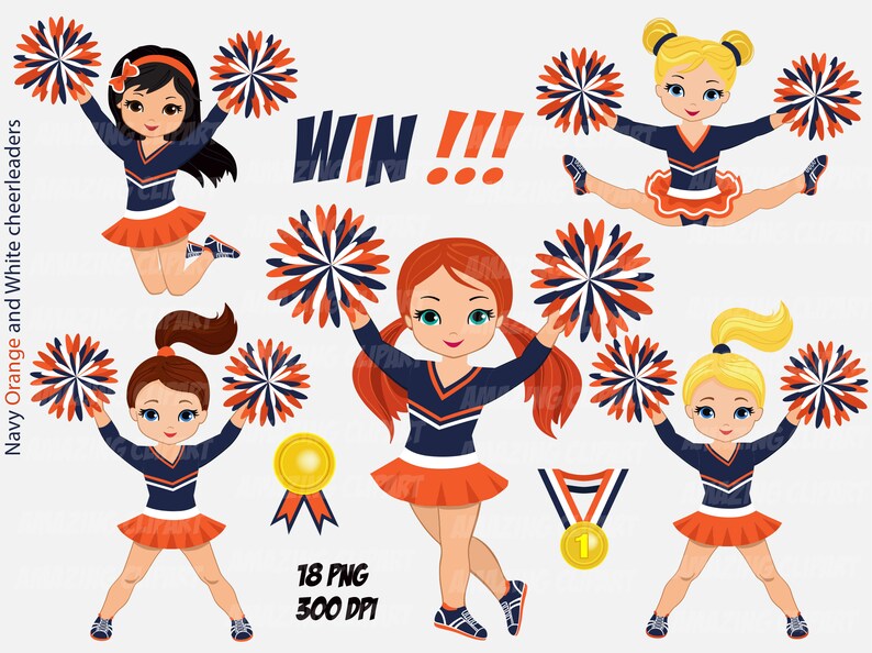 Orange Navy and White Multicultural Team Cheerleader Clipart - Etsy