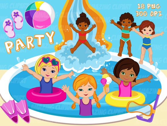 Pool Party Beach Clipart Water Slide Girl Clipart Pool | Etsy