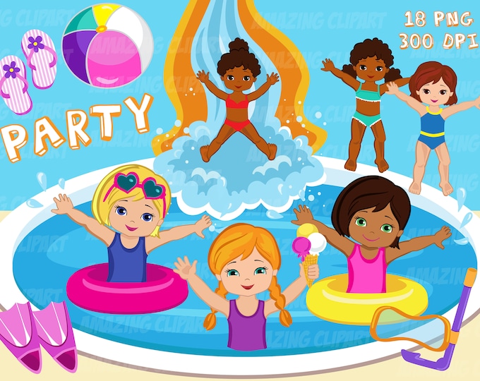 GIRLS POOL PARTY - Digital Clipart Set, Imagenes Alberca, Pool Clipart ...
