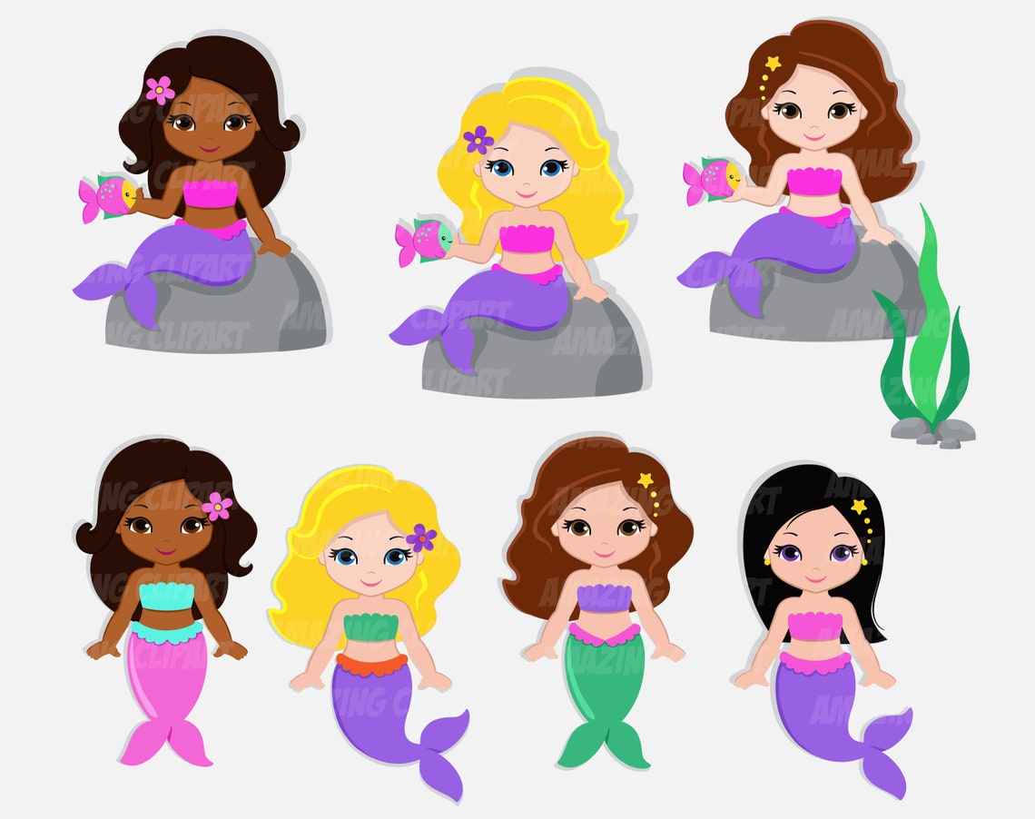 Mermaid Princess Cute Mermaids Clip Art Mermaid Clipart | Etsy