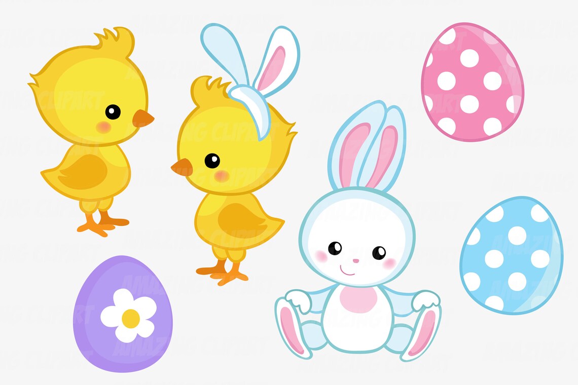 Easter Clipart, Easter Bunny and Chicks Clipart. - Etsy