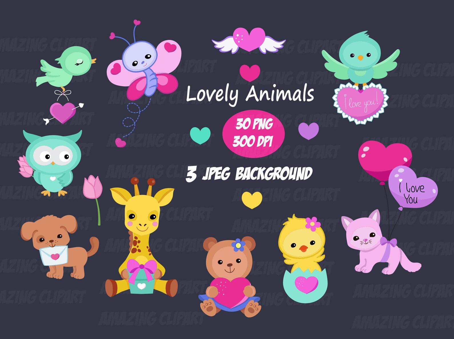 Lovely Animals Valentine Clipart Digital Clipart Set Bear - Etsy