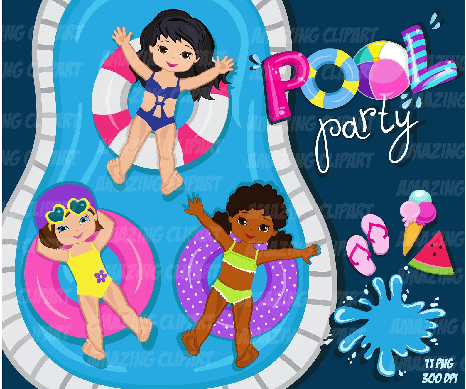 Pool Party Clipart Girls. Little Girls With Pool Party Banner,ice Cream ...
