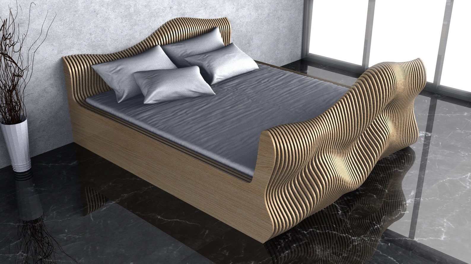 Parametric Wavy Wooden Furniture 27 - King Size Bed Design / CNC Files ...