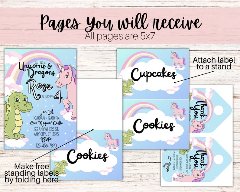 EDITABLE Unicorn & Dragon Birthday Party Invitation - 5x7 - Thank You ...