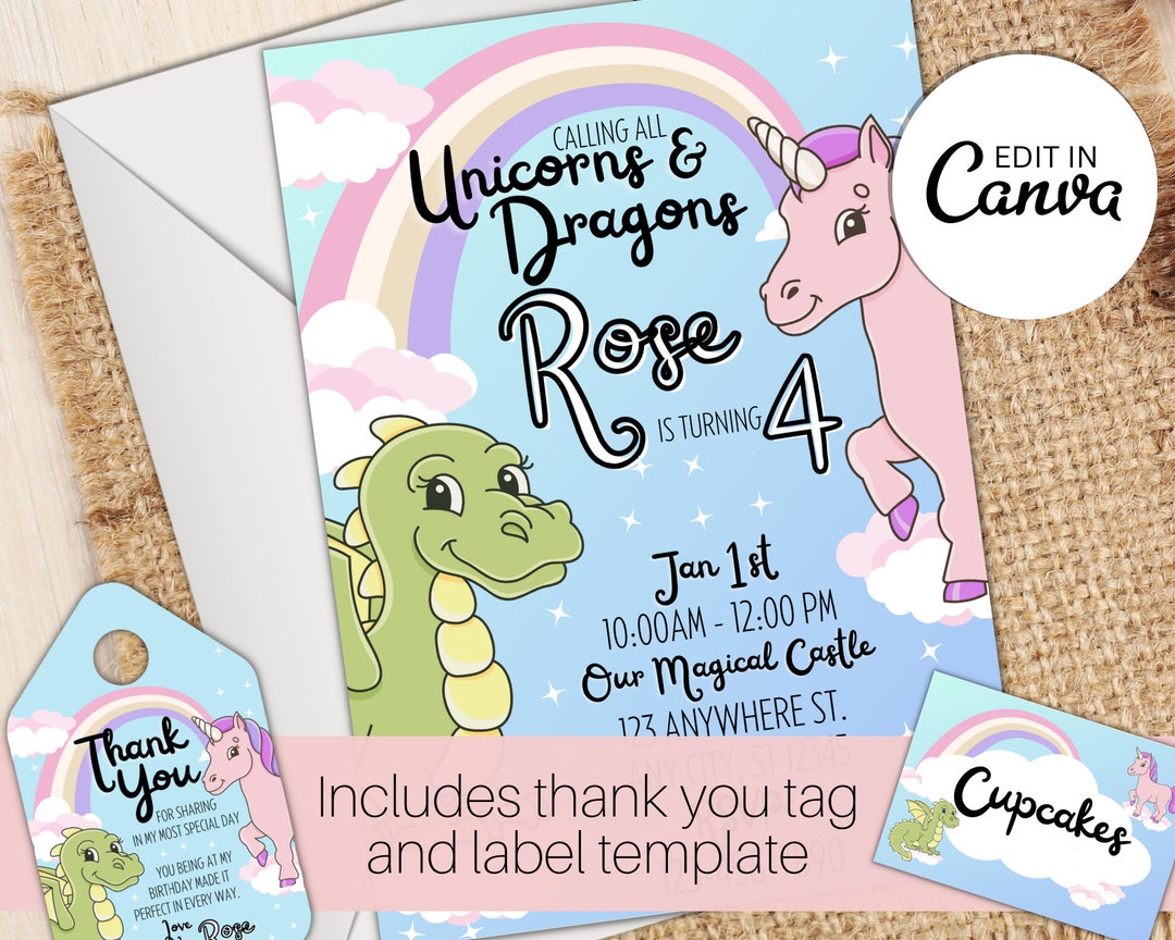 EDITABLE Unicorn & Dragon Birthday Party Invitation - 5x7 - Thank You ...