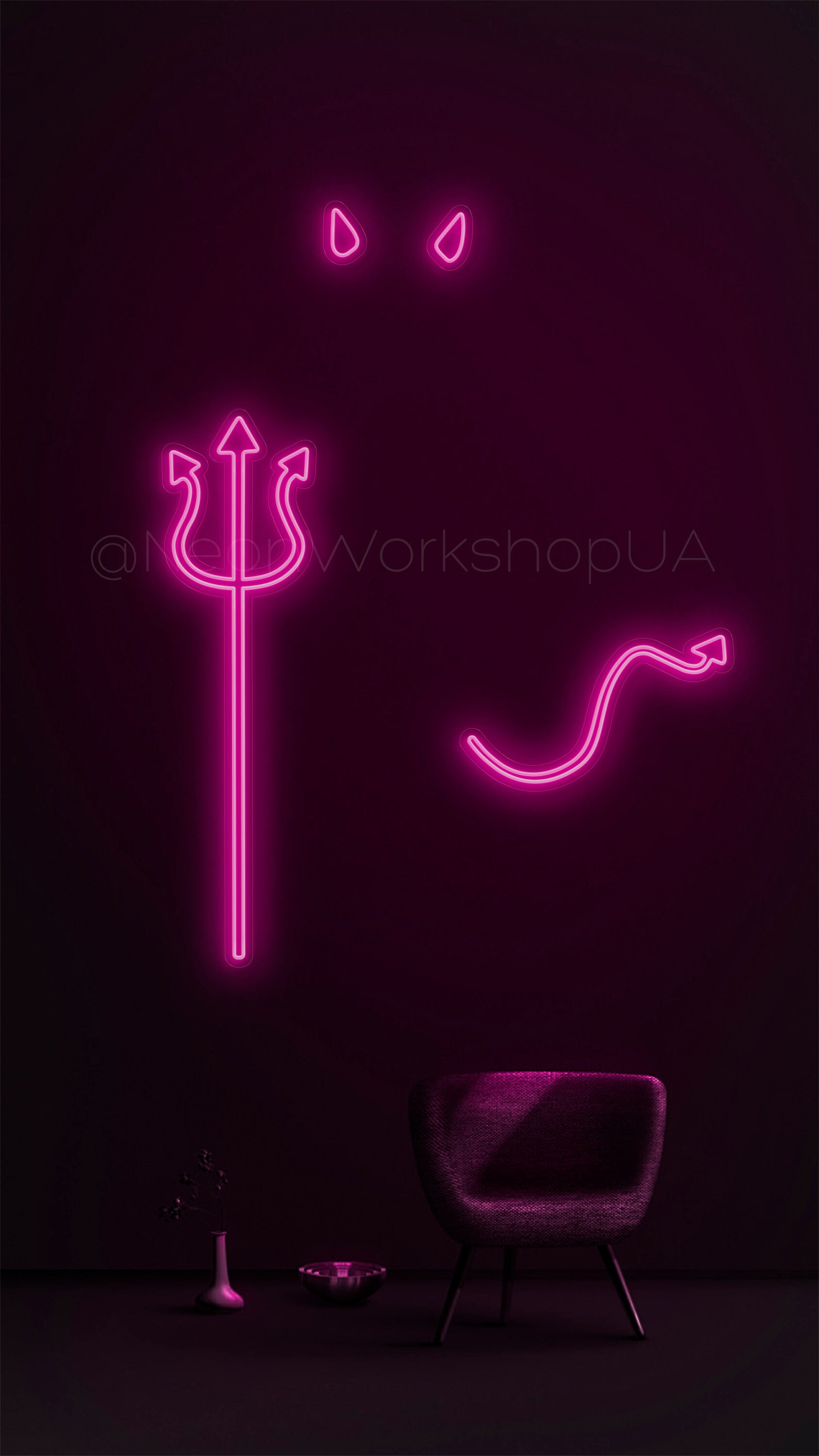 Devil's Horns and Tail With Trident LED Neon Sign, Photo Zone Neon Sign ...