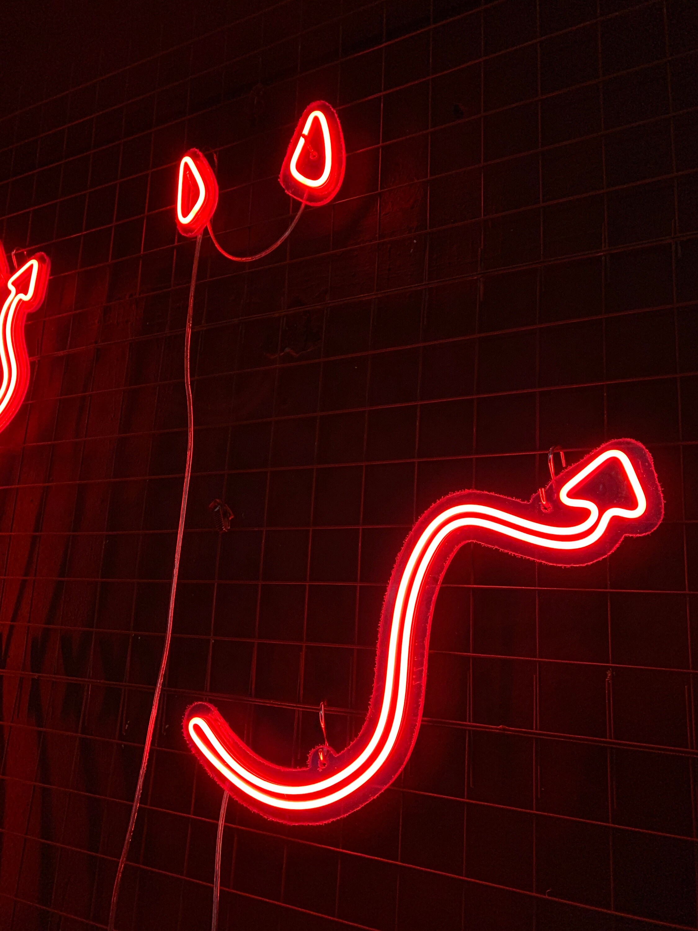 Letrero de neón LED con cuernos y cola de diablo con tridente, letrero ...