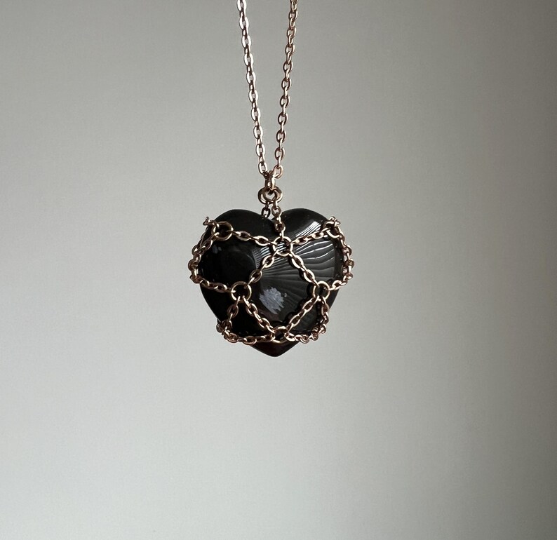 Chain Wrapped Obsidian Heart Rose Gold Plated Pendant - Etsy