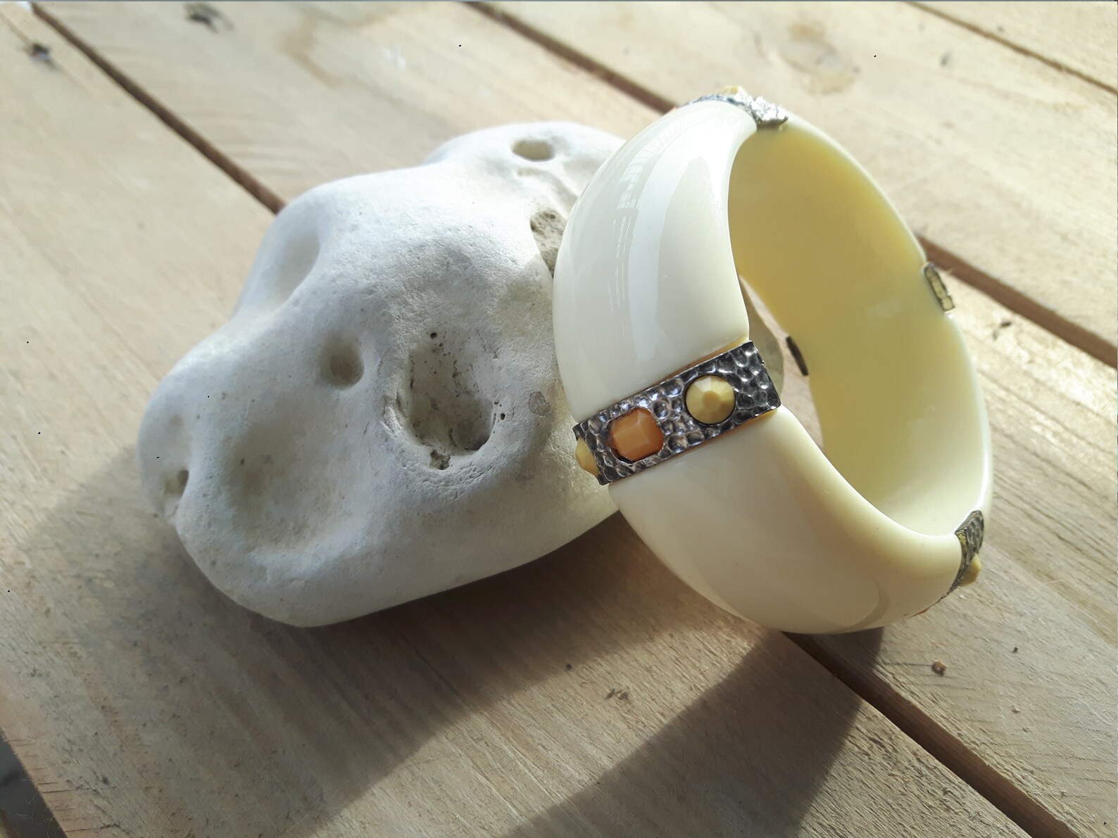 Bakelite Ivory Bracelet With Silver Details and Stones. Unique Piece - Etsy