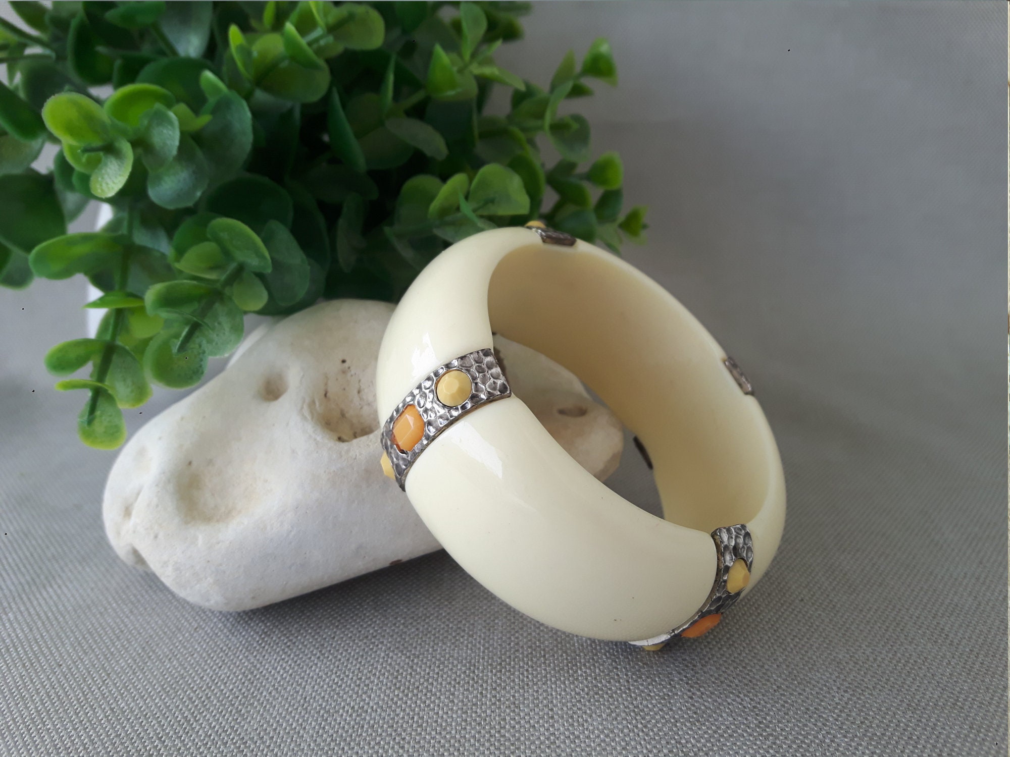Bakelite Ivory Bracelet With Silver Details and Stones. Unique Piece - Etsy