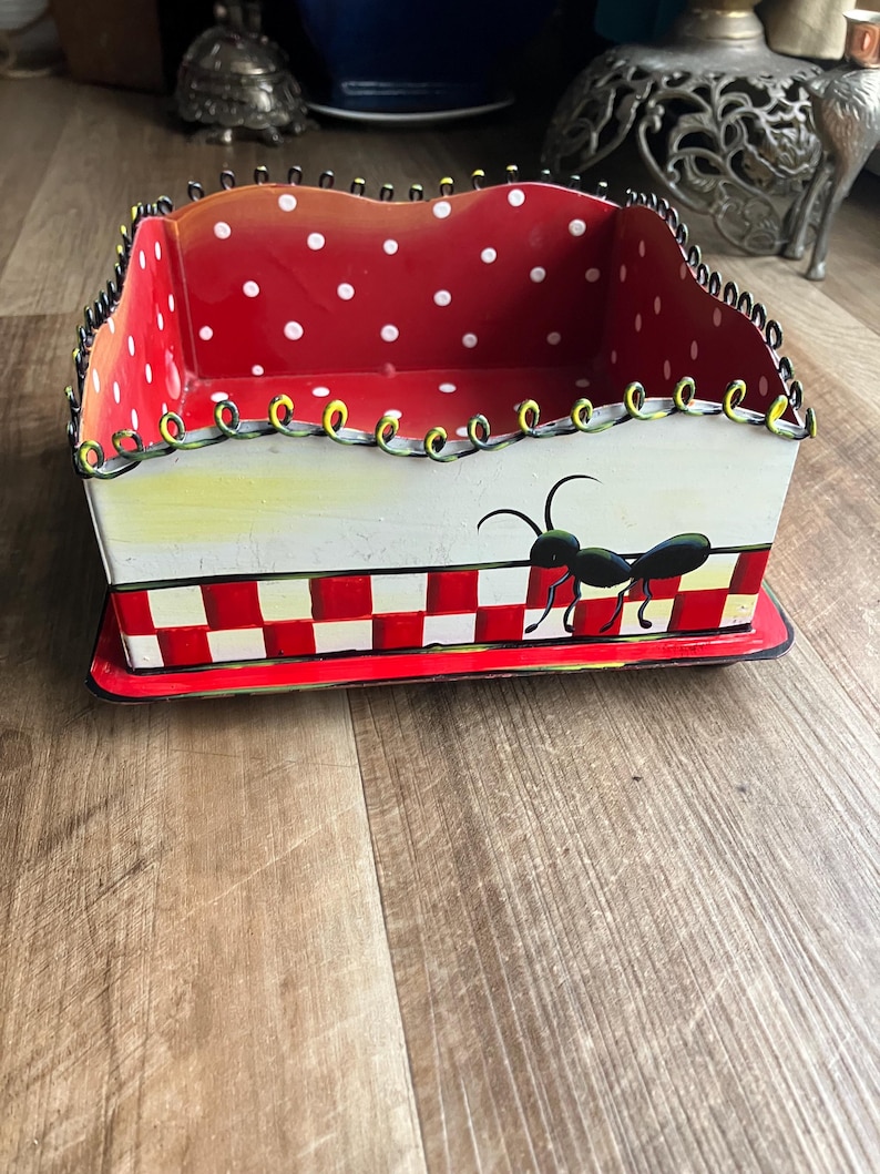 Hand Painted Metal Kitchen Box, Red Polka Dot and Checkered Ant Design ...