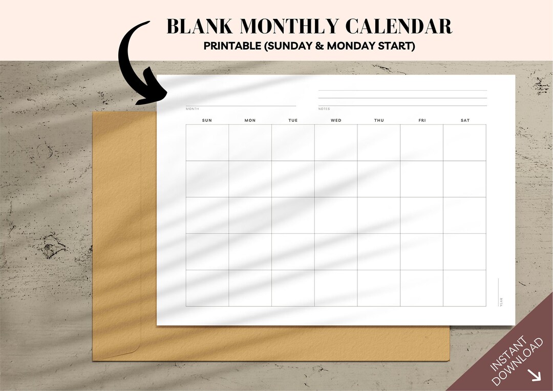 Printable Minimalist Blank Monthly Calendar Sunday and Monday Start A4 ...
