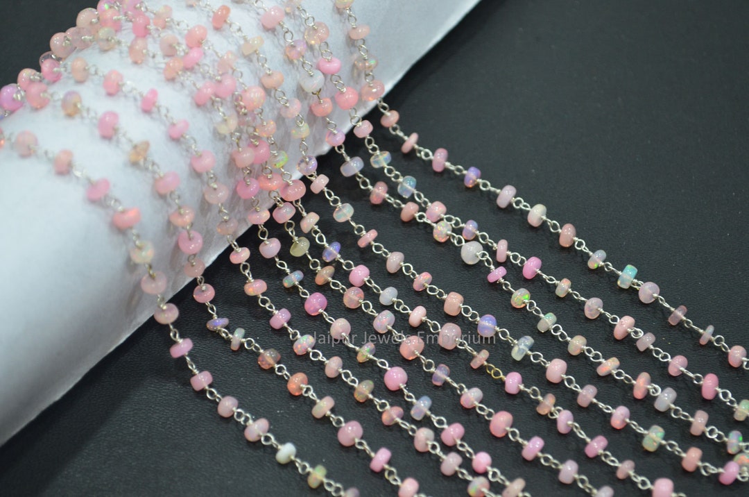 Pink Ethopian Opal Wire Wrapped Chain , Ethopian Opal Uneven Round ...