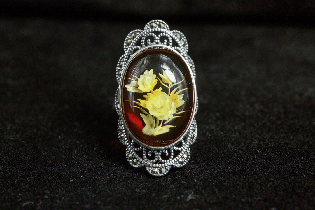 Hand Carved Baltic Amber Sterling Silver Three Rose Ring. Queen Style ...