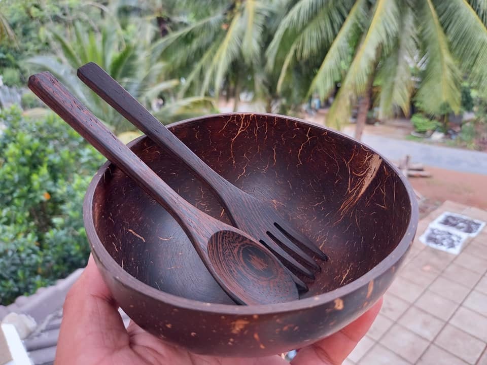 Set of dishes and utensils bowl made of coconut shell sturdy | Etsy