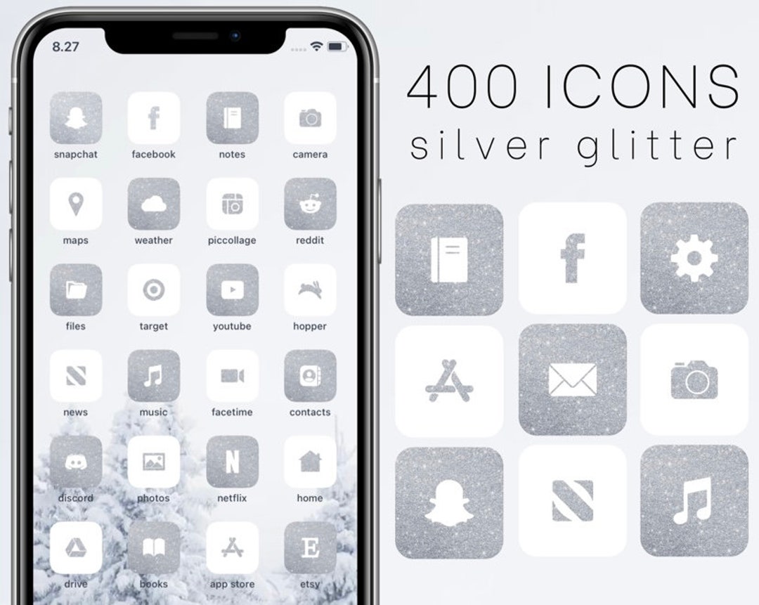 Christmas App Icons, Silver Glitter Icons, Xmas App Icon Covers, Hand ...