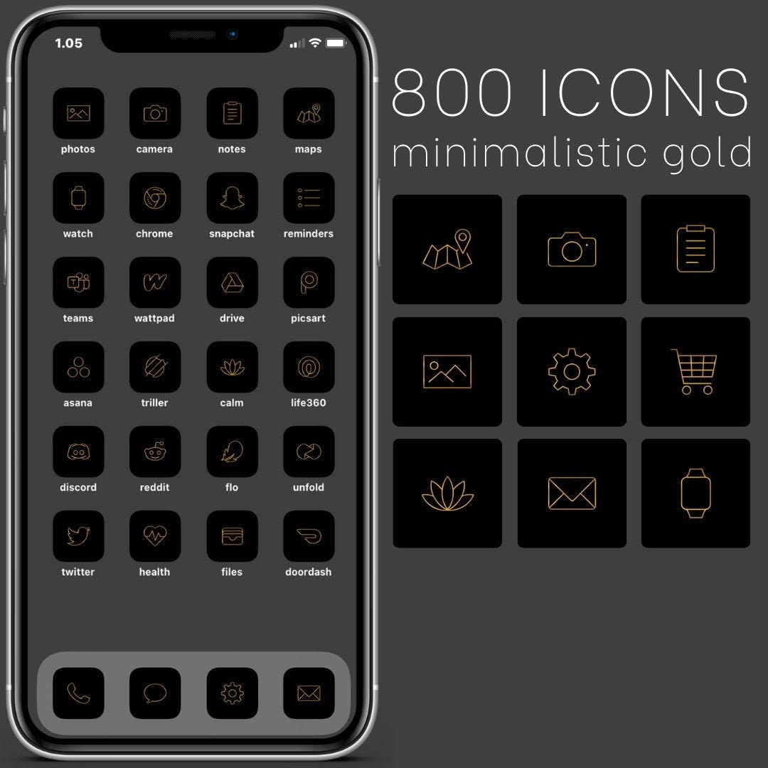 800 Minimalistic Gold & Black Ios App Icon Pack Ios 14 Aesthetic iPhone ...