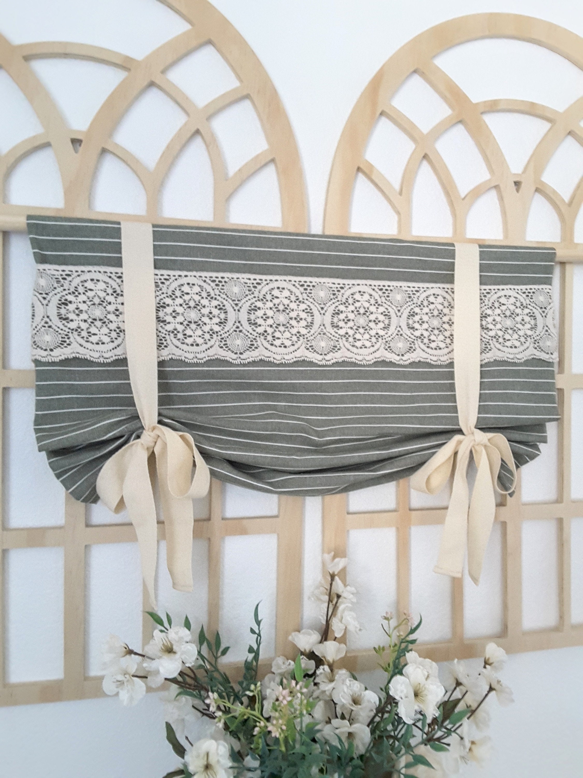 Olive and Ivory Stripe Valance With Lace Tie up Valance - Etsy