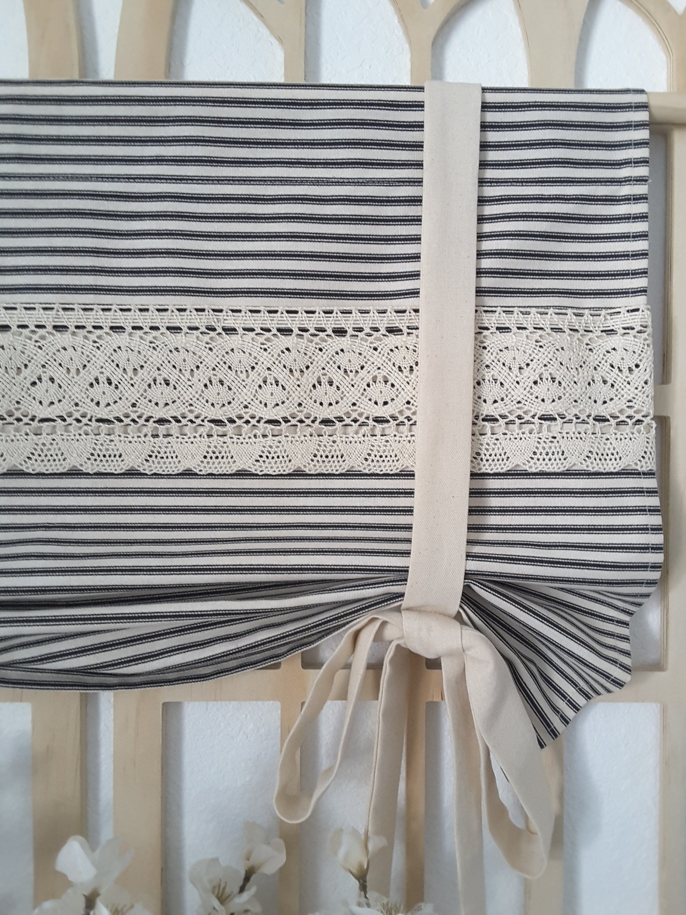 Farmhouse Ticking Valance With Lace: Black & Natural Tie up Curtain ...