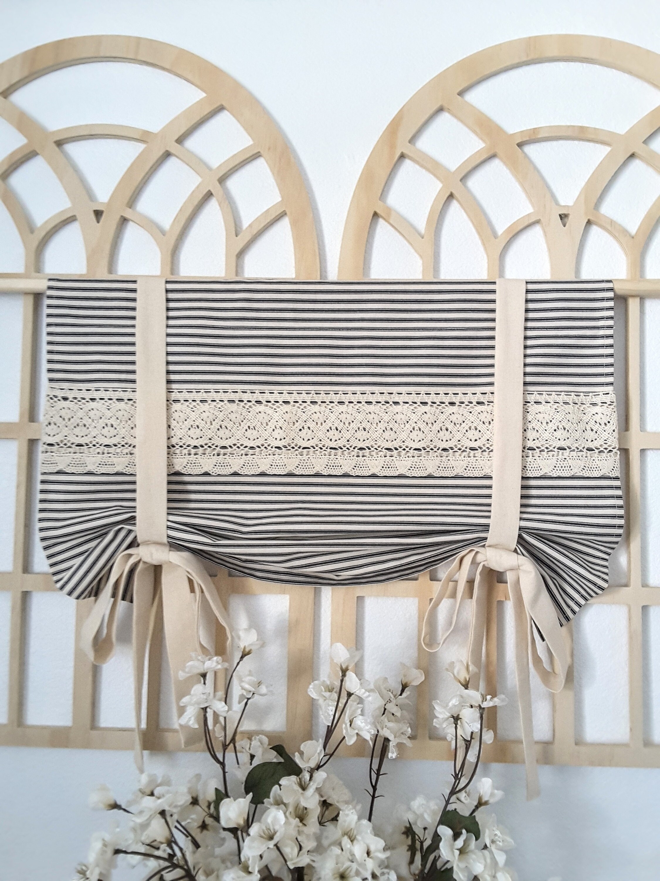 Farmhouse Ticking Valance With Lace: Black & Natural Tie up Curtain ...
