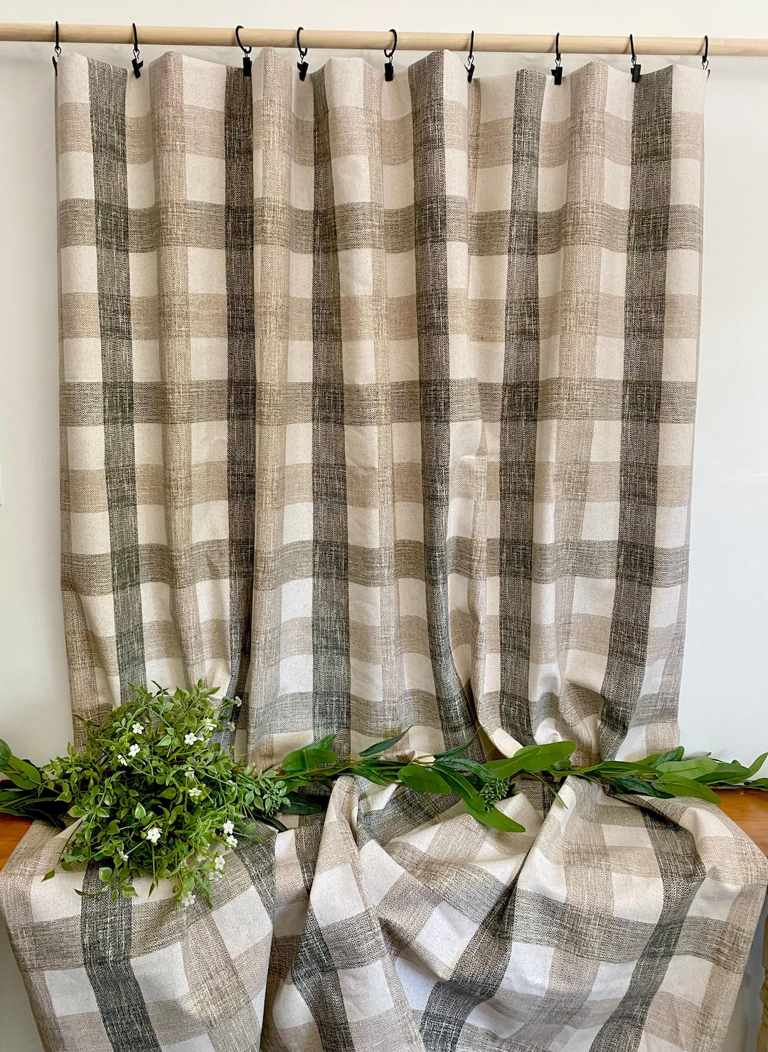 Set of 2 Rustic Khaki & Dark Green Plaid Curtains - Farmhouse Checkered ...