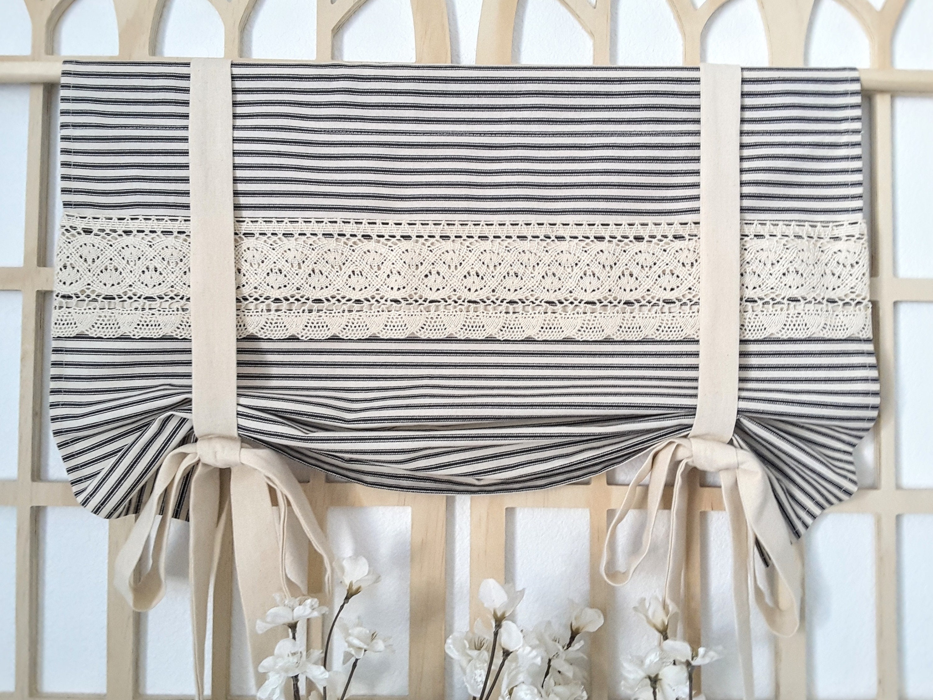 Farmhouse Ticking Valance With Lace: Black & Natural Tie up Curtain ...