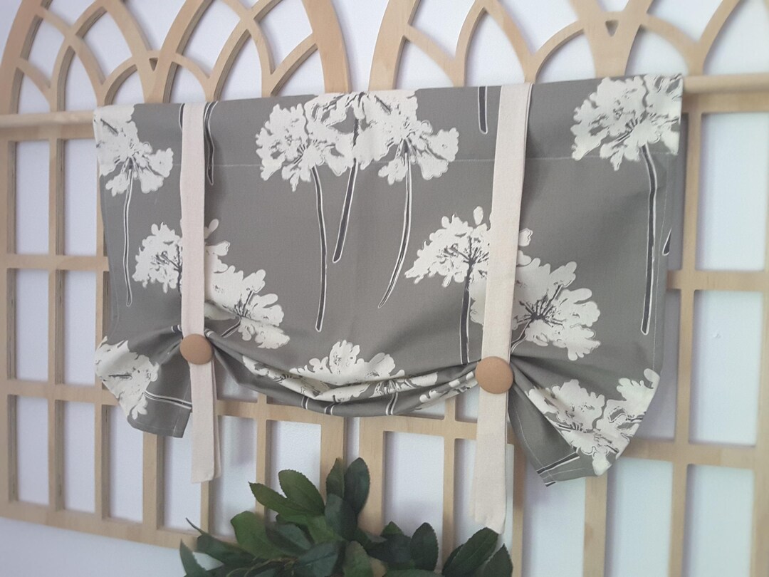 Floral Farmhouse Tie up Valance: Gray & Ivory Cotton Window Treatment ...