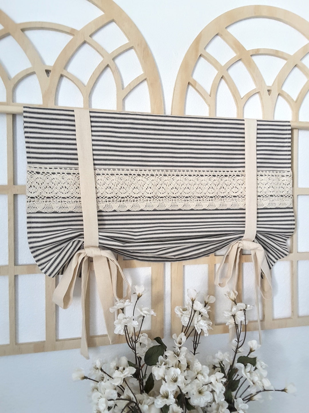 Farmhouse Ticking Valance With Lace: Black & Natural Tie up Curtain ...