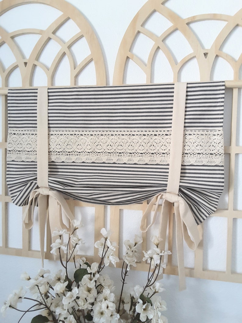 Farmhouse Ticking Valance With Lace: Black & Natural Tie up Curtain ...