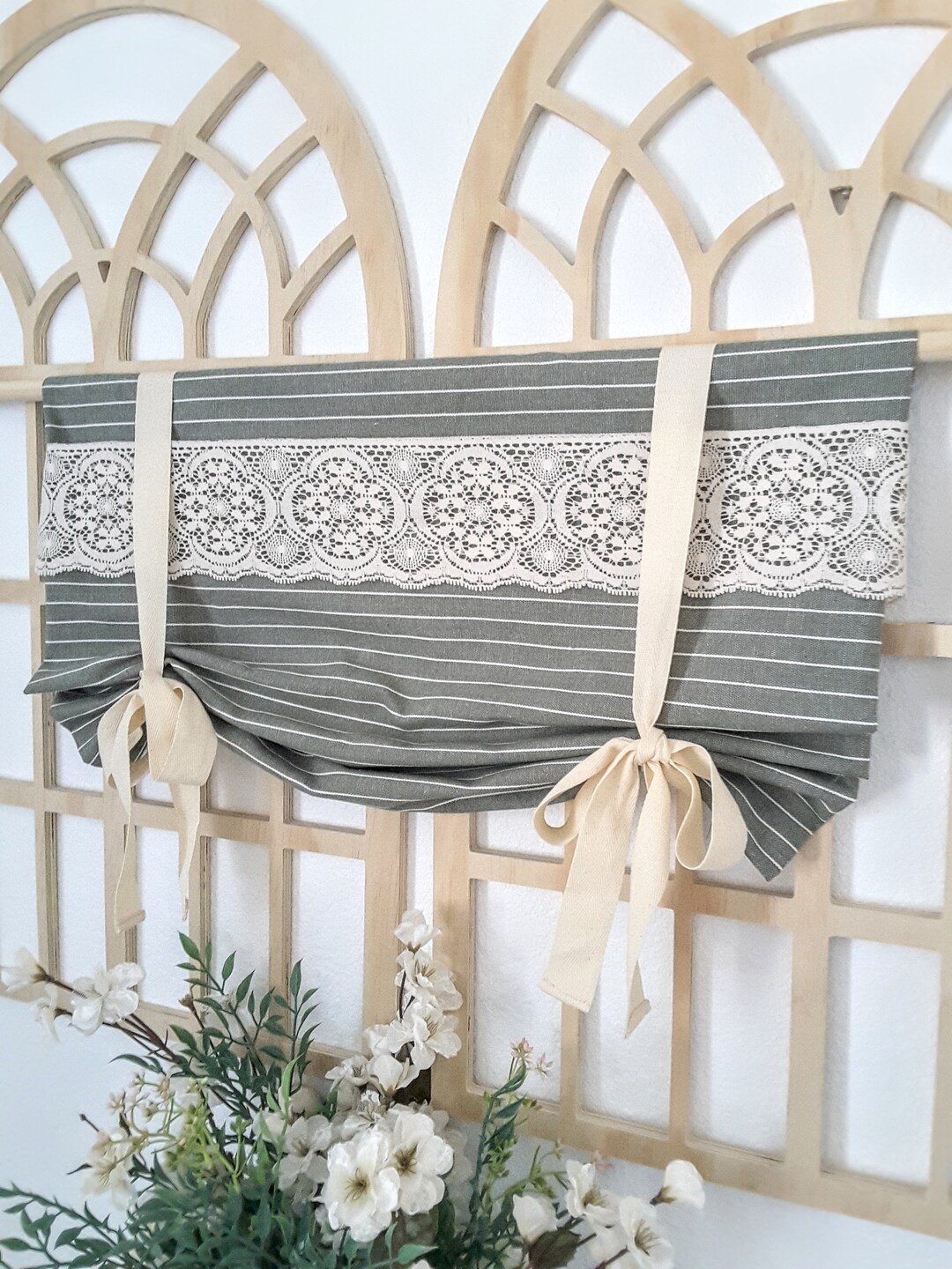 Olive and Ivory Stripe Valance With Lace, Tie up Valance, Farmhouse ...