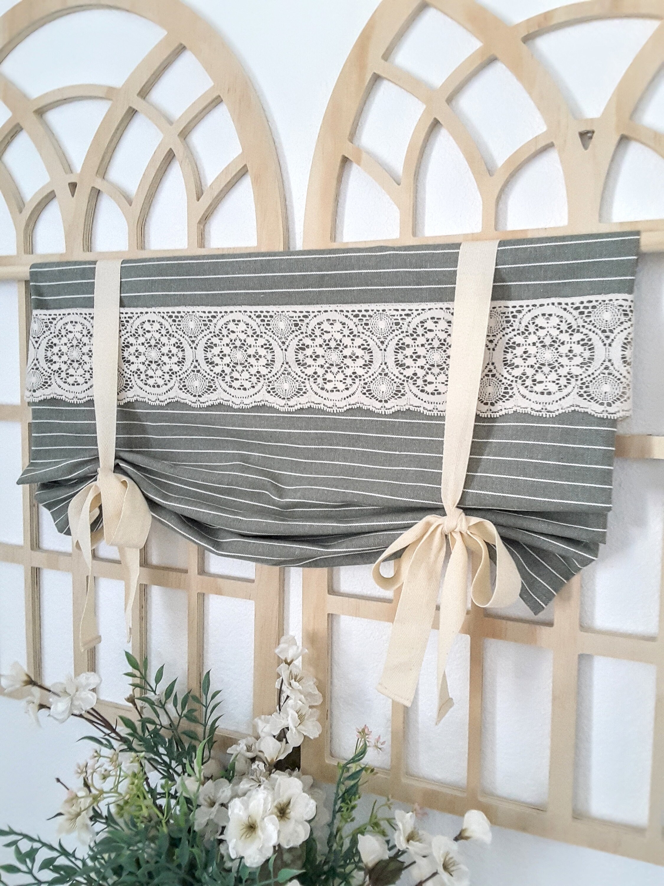 Olive and Ivory Stripe Valance With Lace Tie up Valance - Etsy
