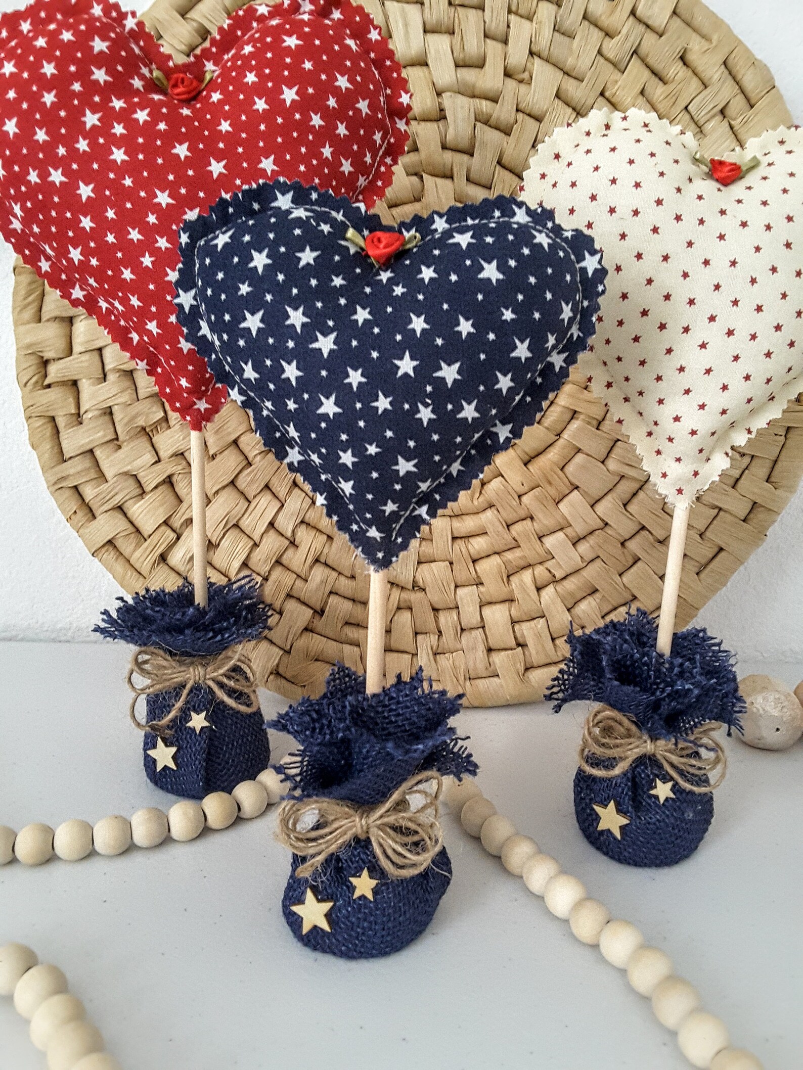 Set of 3 Fabric Hearts Wooden Stand Tiered Tray Patriotic - Etsy