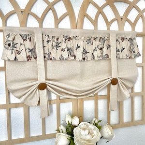 Floral Tie up Valance: Natural Osnaburg Rustic Farmhouse Style Panel ...
