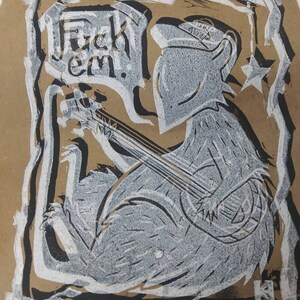 Folkpunk Possum With a Banjo Linocut Print, With Sticker Option - Etsy
