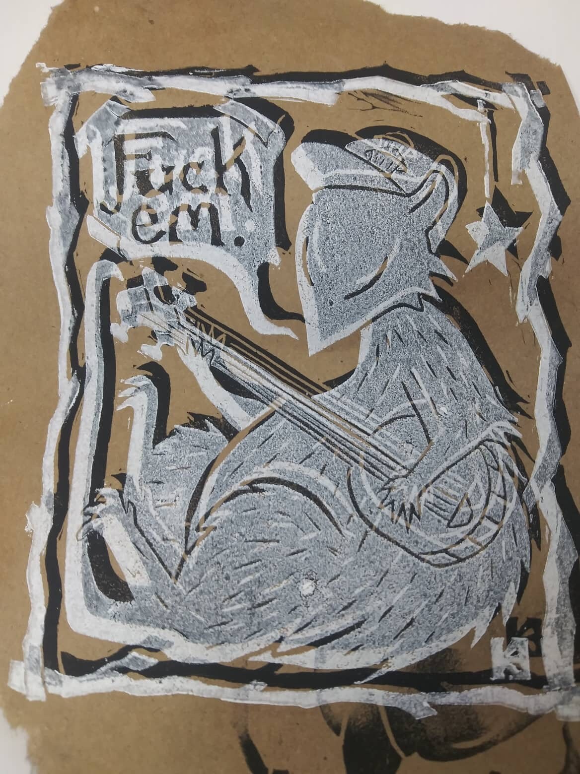 Folkpunk Possum With a Banjo Linocut Print, With Sticker Option - Etsy