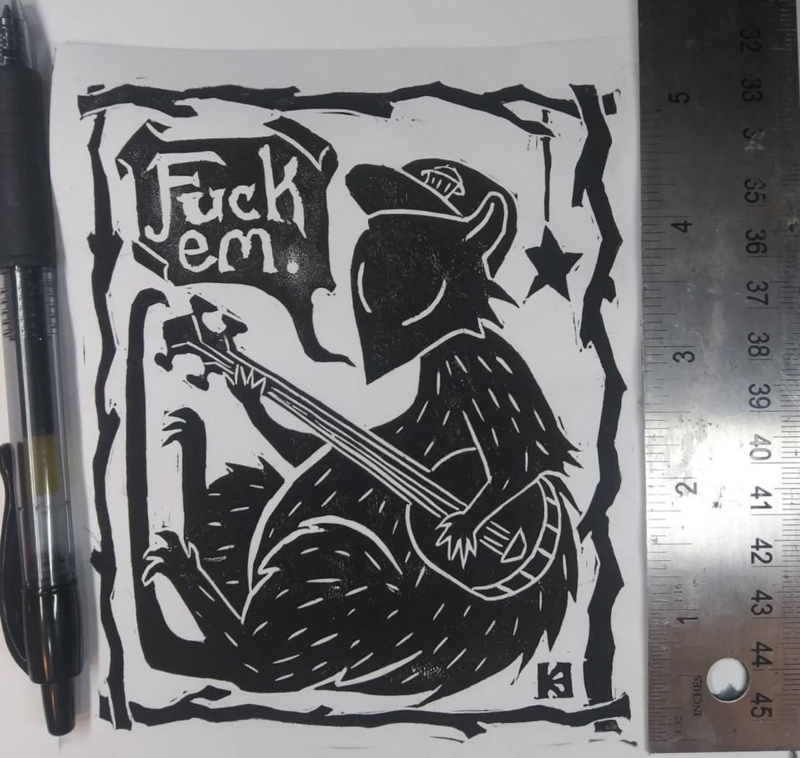 Folkpunk Possum With a Banjo Linocut Print, With Sticker Option - Etsy