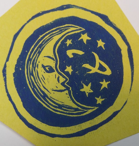 Celestial Moon Linocut Print with Sticker option | Etsy