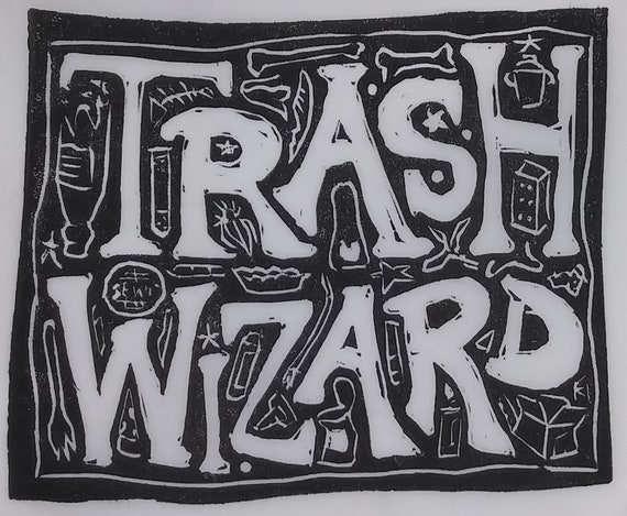 Trash Wizard Linocut Print With Sticker Option - Etsy